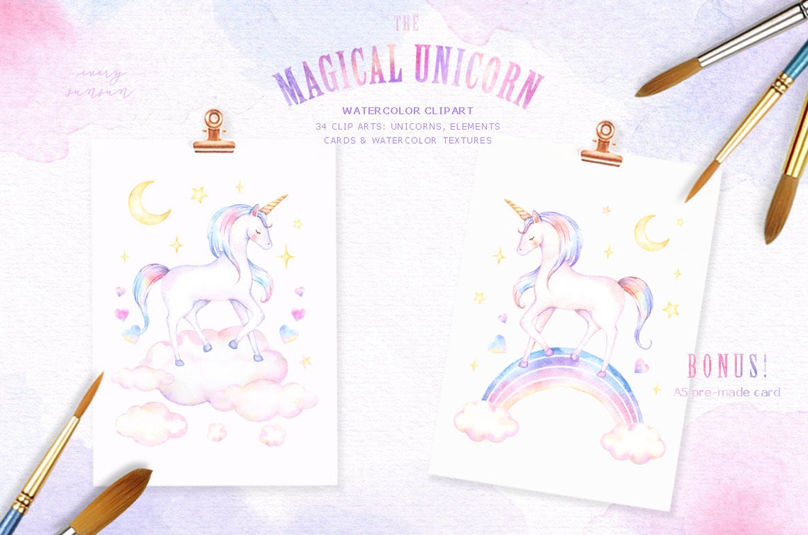 The Magical Unicorn Watercolor Set Rainbow Clipart Woodland | Etsy