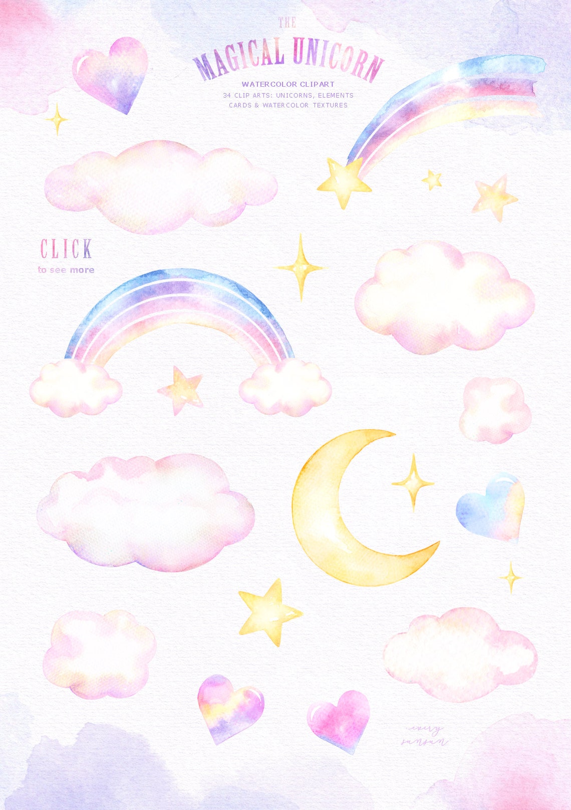 The Magical Unicorn Watercolor Set Rainbow Clipart Woodland | Etsy