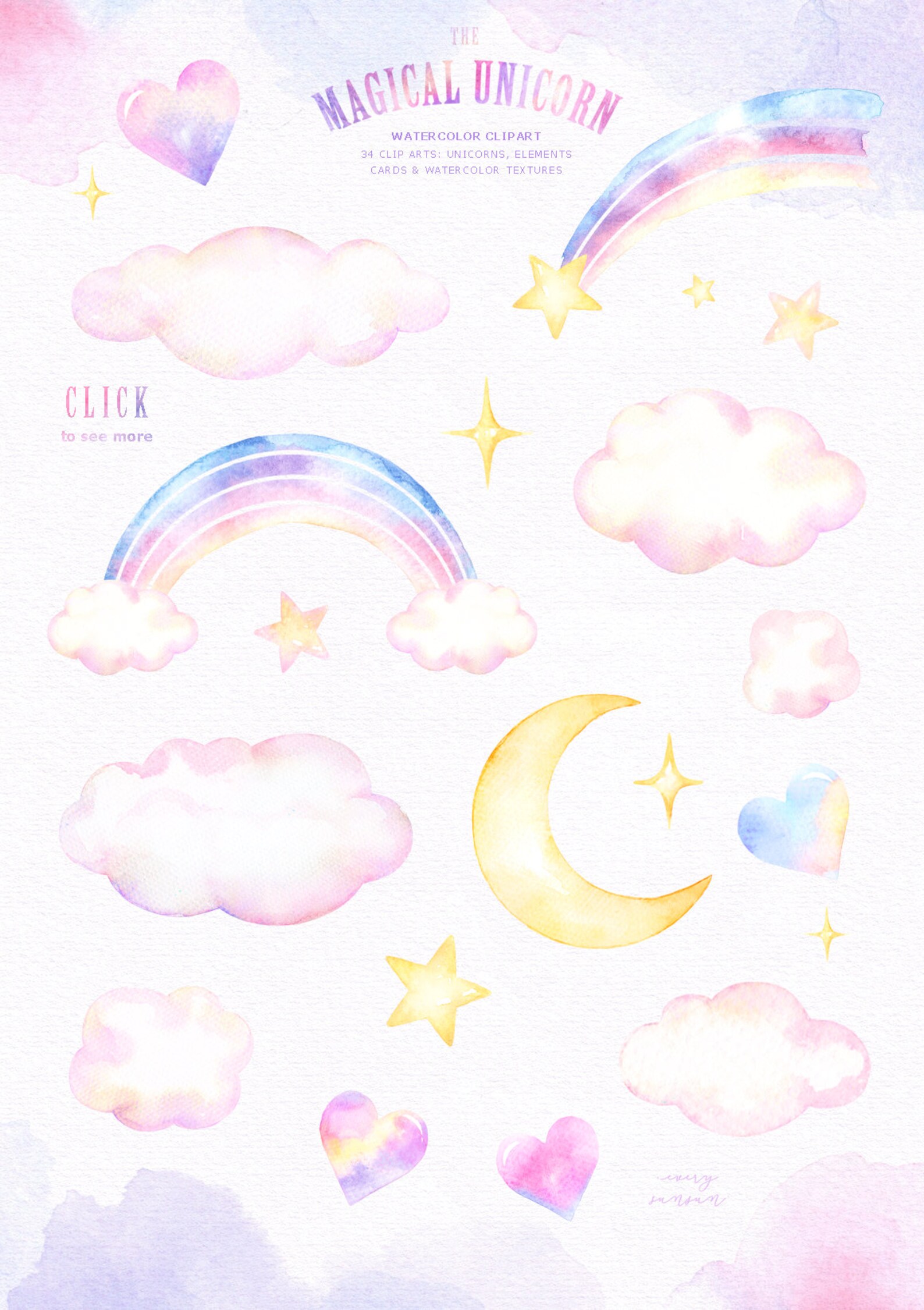 The Magical Unicorn Watercolor Set Rainbow Clipart Woodland | Etsy