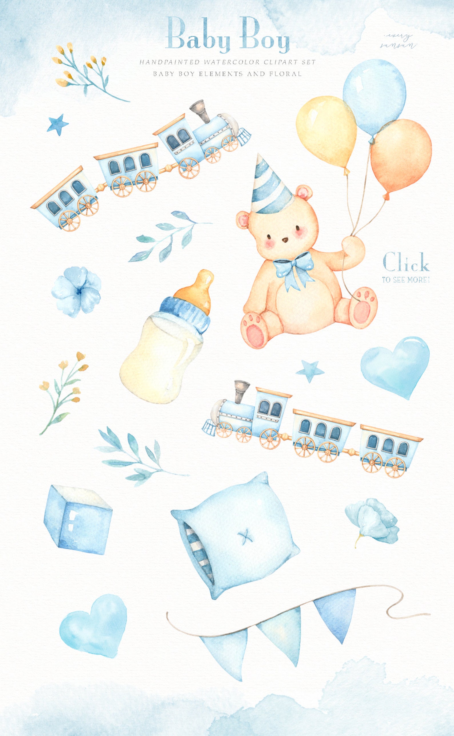 Baby Boy Watercolor Clip Arts Bear Clipart Toy Train Moon - Etsy