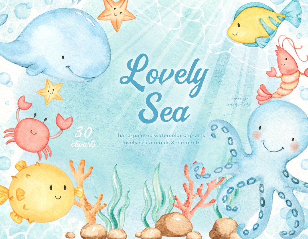 Lovely Sea Animals Watercolor Set, Nursery Prints, Nautical Clipart ...