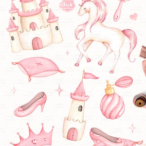 Sweet Princess Watercolor Clip Arts, Girl Clipart, Castle, Unicorn ...