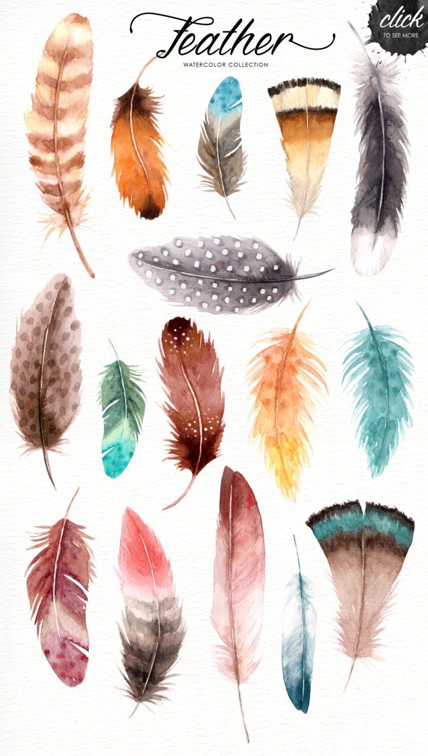 Feather Watercolor Collection Tribal Clipart American | Etsy