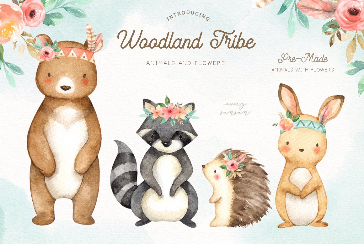 Woodland Tribe Watercolor Clip Art Woodland Animals Kids - Etsy