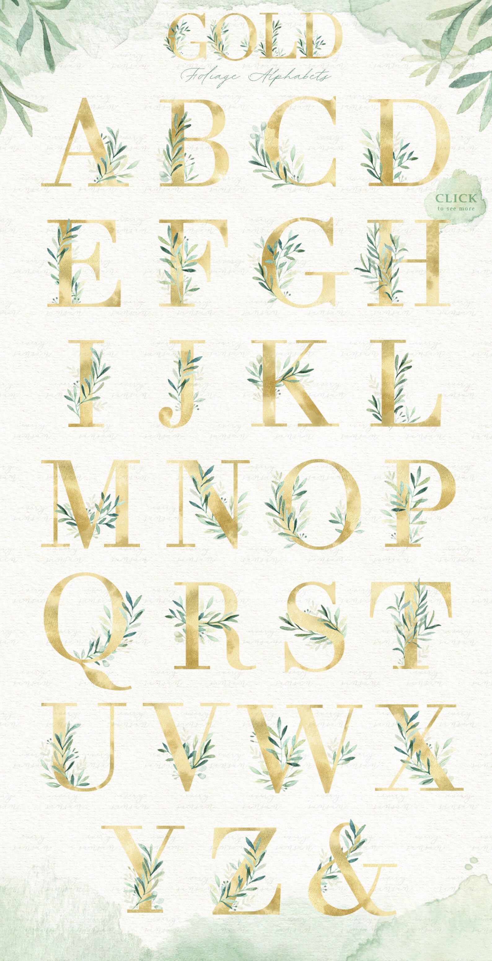 Gold & Green Leaves Alphabets Clip Arts Greenery Watercolor - Etsy