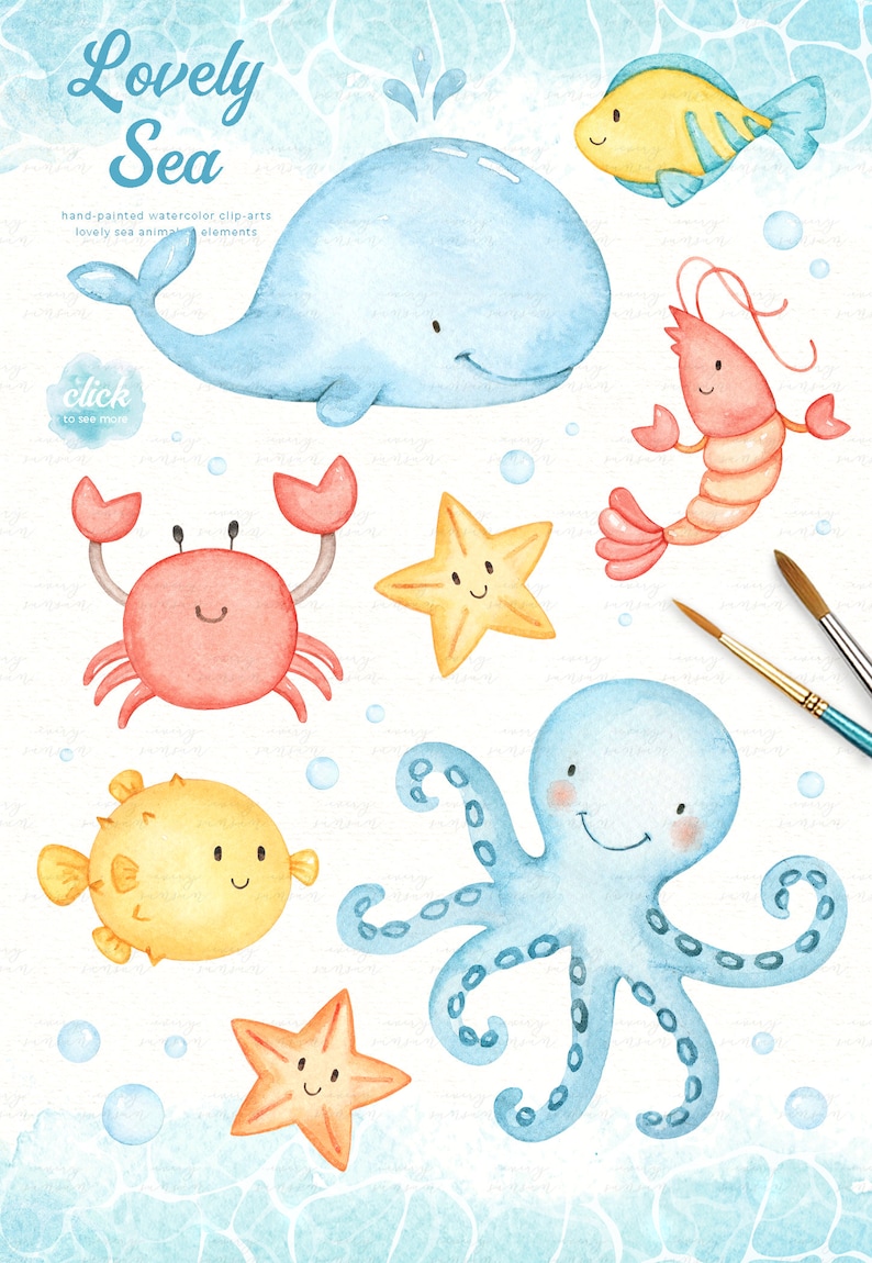 Lovely Sea Animals Watercolor Set Nursery Prints Nautical - Etsy