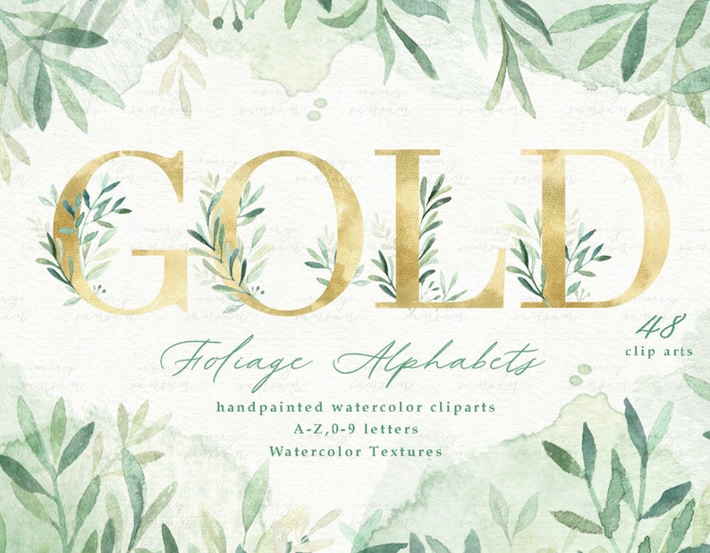 Gold & Green Leaves Alphabets Clip Arts Greenery Watercolor - Etsy
