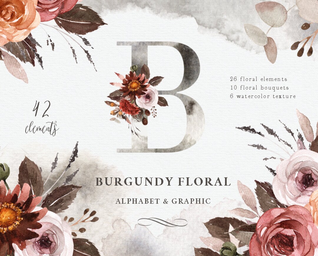 Burgundy Floral Watercolor Clipart, Romantic Wedding, Rustic Flower ...