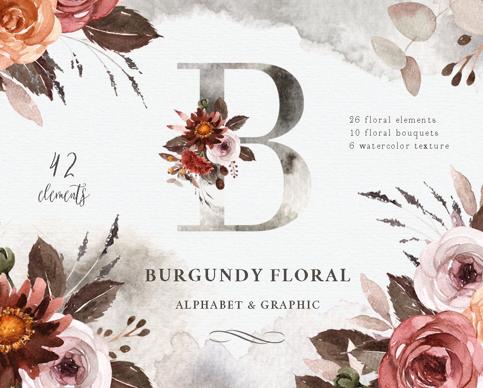 Burgundy Floral Watercolor Clipart Romantic Wedding Rustic - Etsy