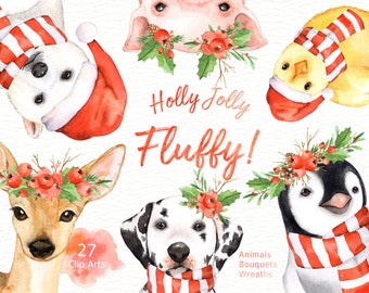 Holly Jolly Watercolor Christmas Clipart Holiday Winter Set | Etsy