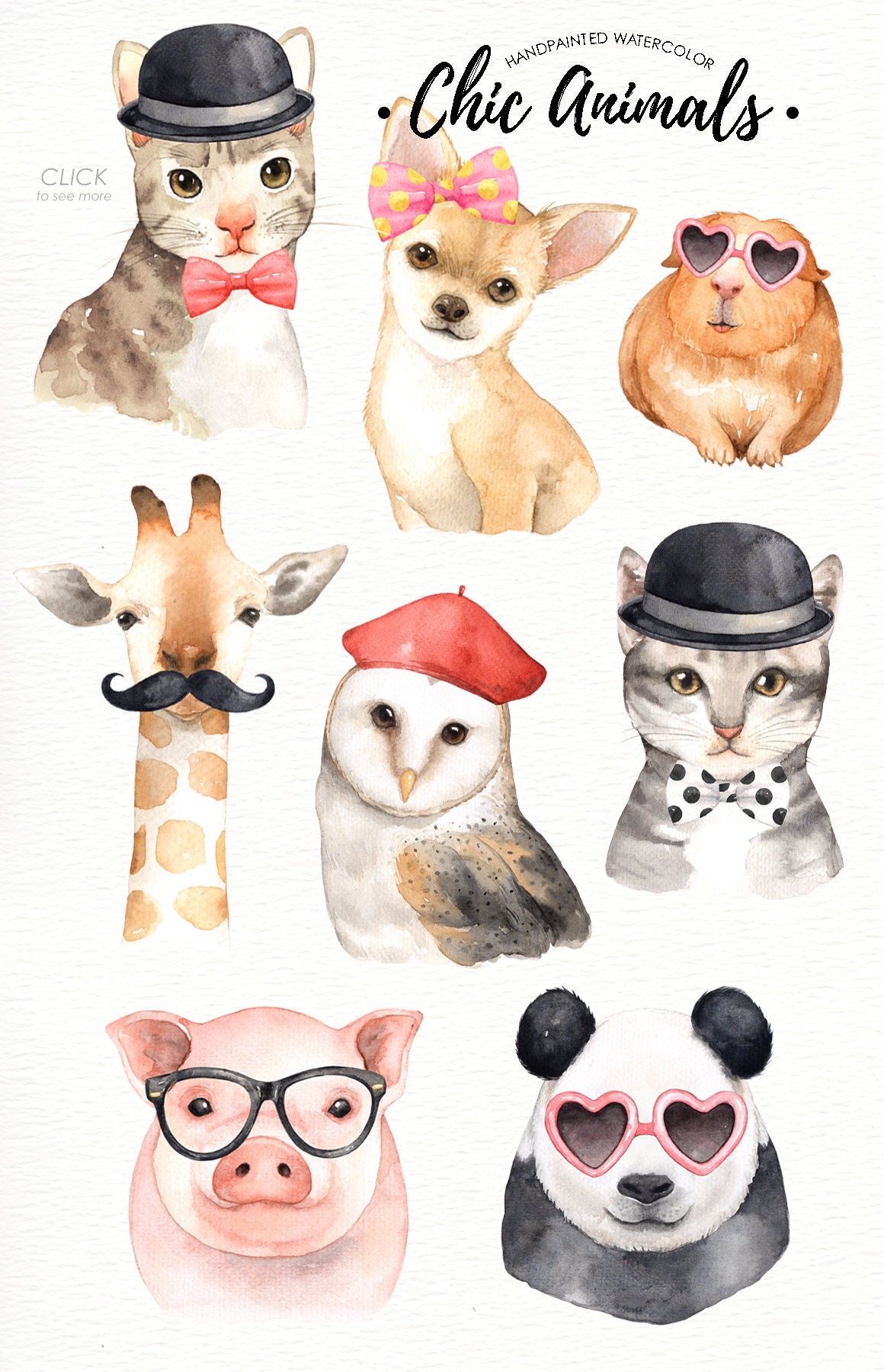 Chic Animals Watercolor Clip Art Woodland Animals Kids - Etsy
