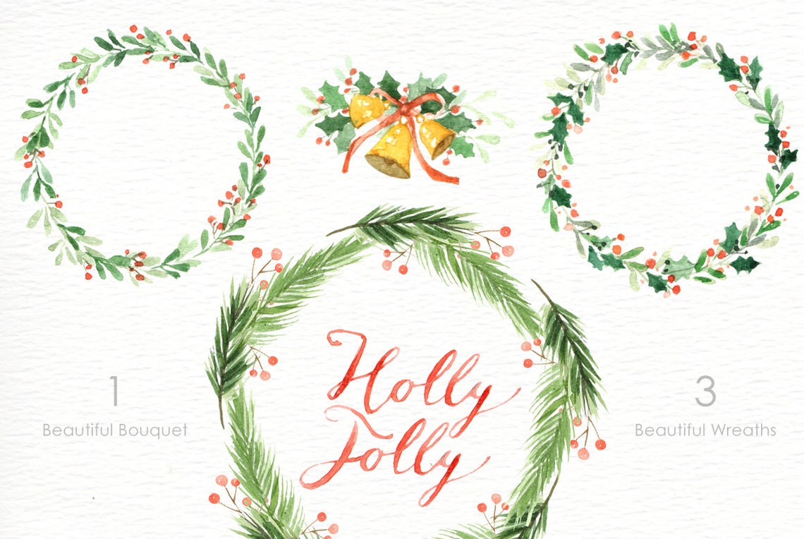 Holly Jolly Watercolor Christmas Clipart Holiday Winter Set | Etsy