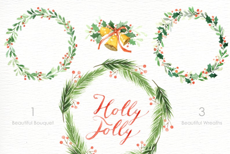 Holly Jolly Watercolor Christmas Clipart Holiday Winter Set - Etsy