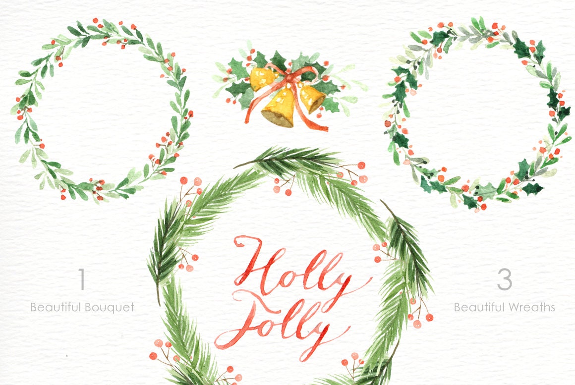 Holly Jolly Watercolor Christmas Clipart, Holiday Winter Set, Christmas ...