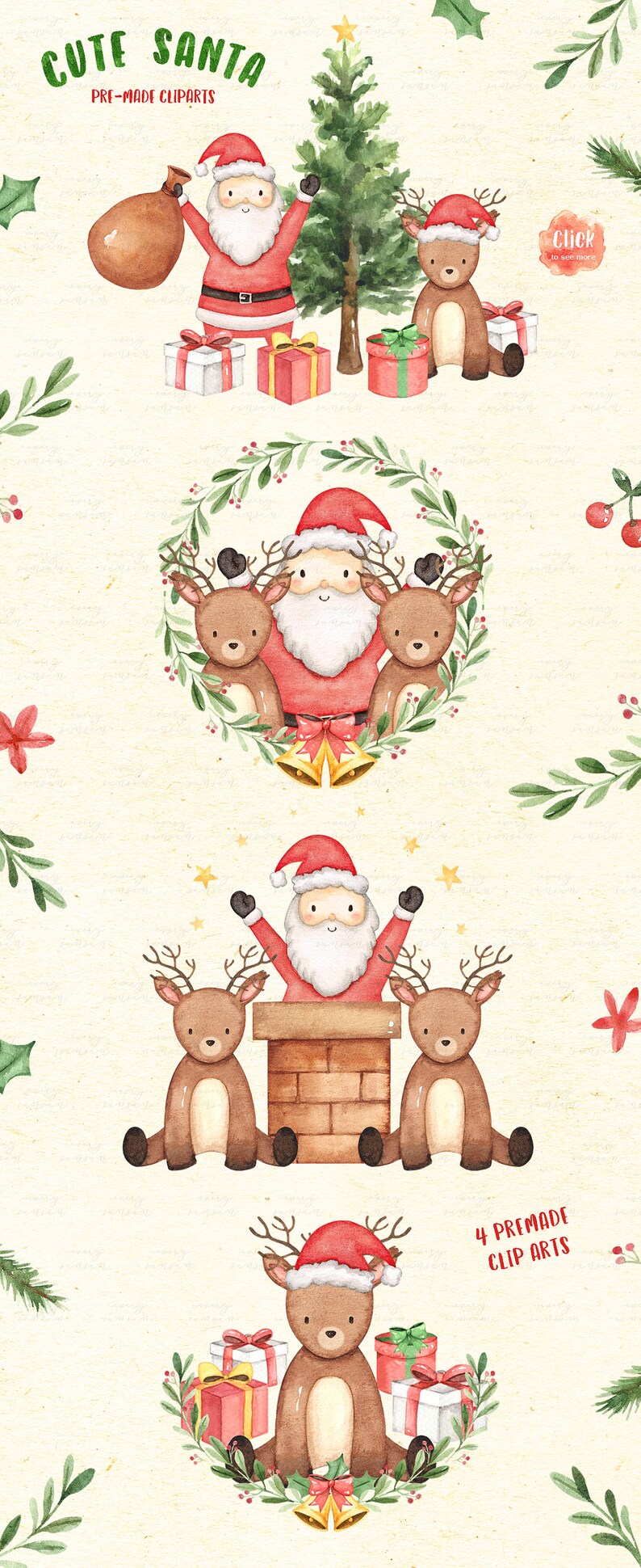 Cute Santa Christmas Watercolor Set Holiday Reindeer - Etsy