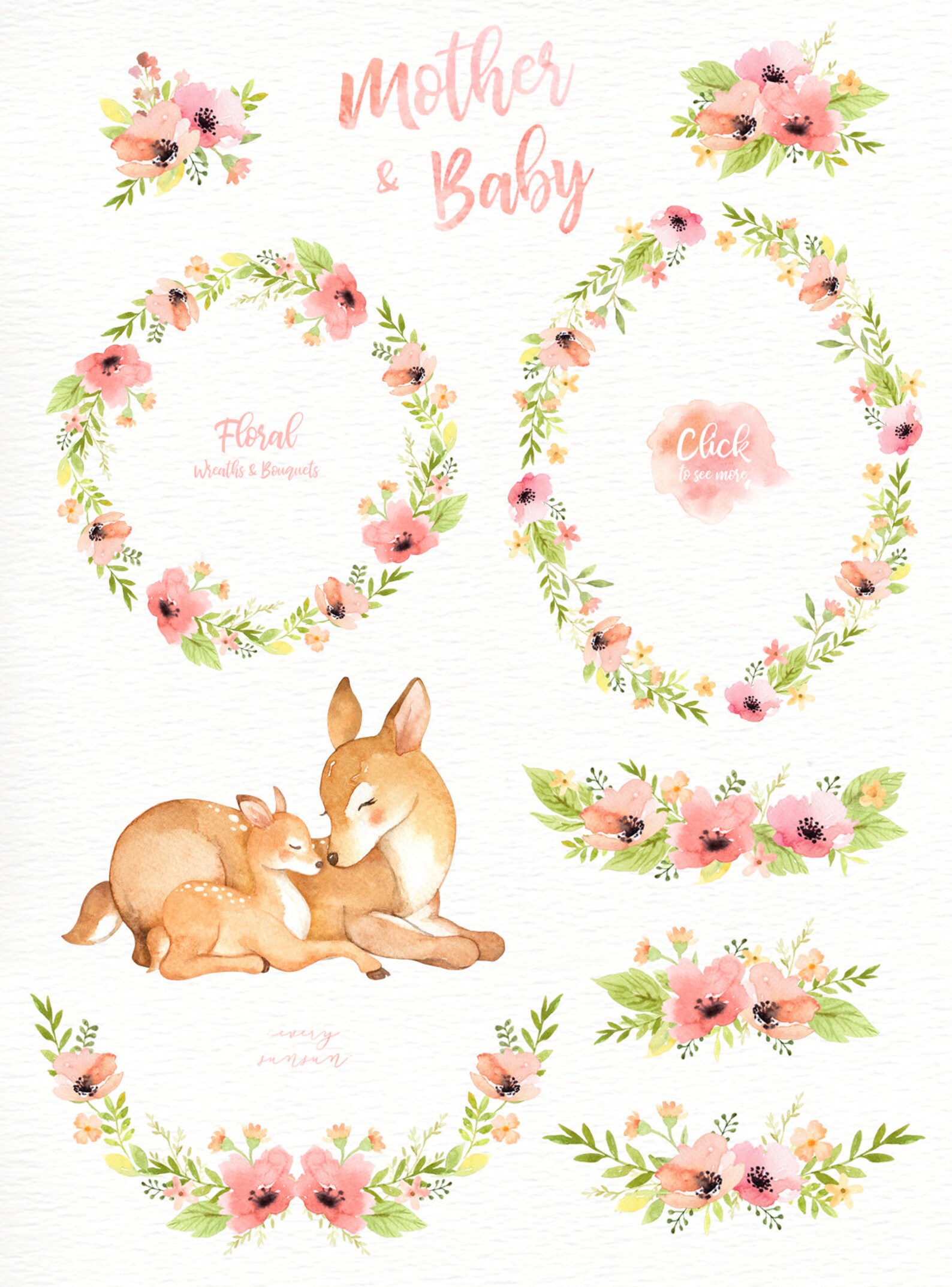 Mother & Baby Watercolor Clip Art Woodland Animals Kids - Etsy