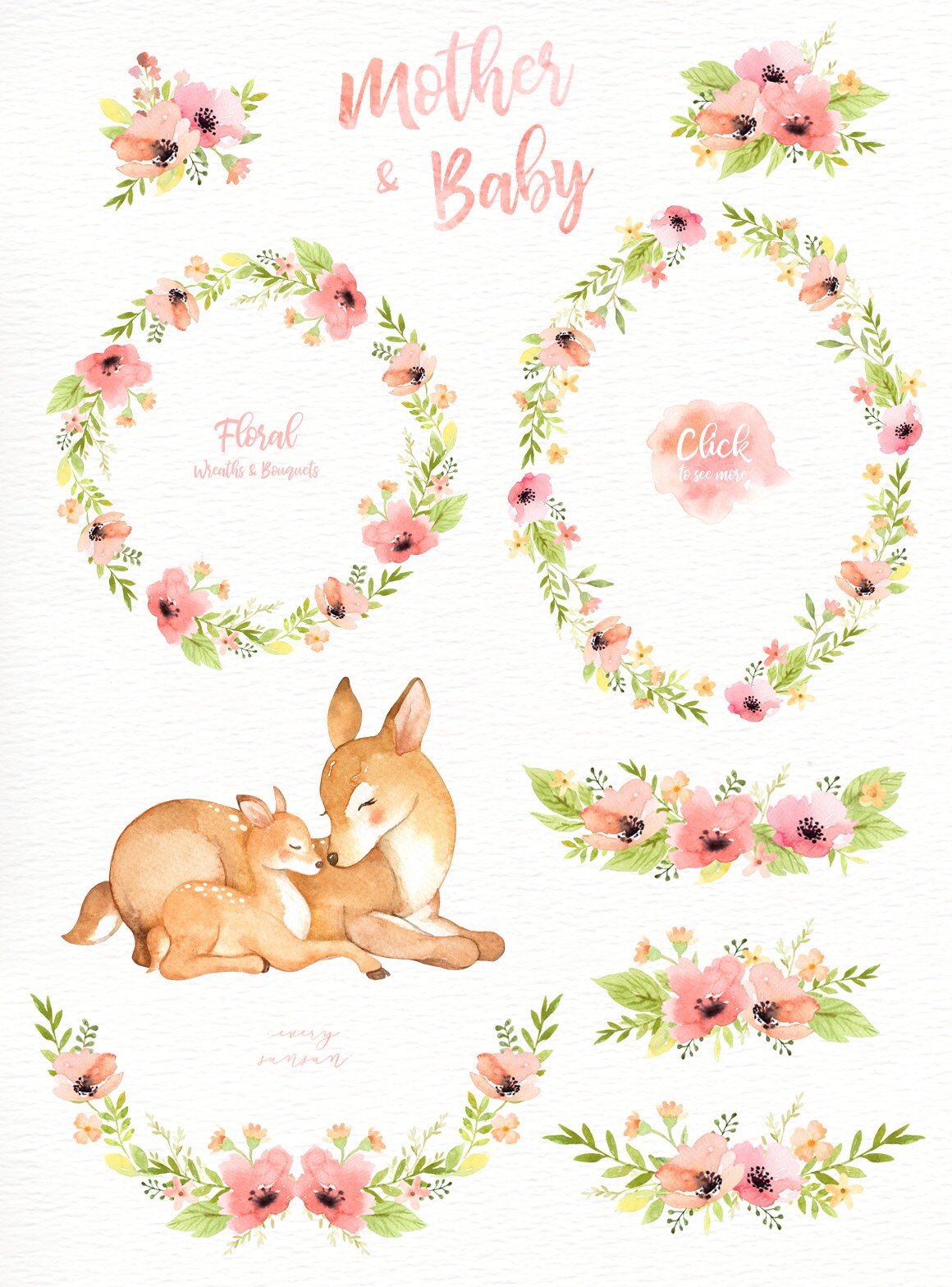 Mother & Baby Watercolor Clip Art, Woodland Animals, Kids Clipart, Boho ...