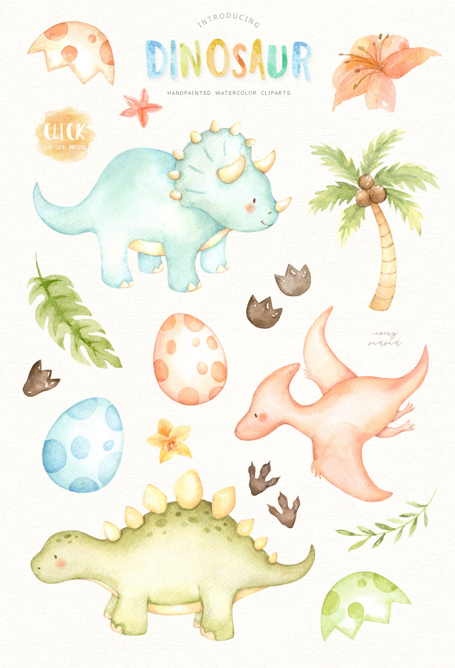 Dinosaur Watercolor Clip Art T-rex Safari Animal Woodland | Etsy