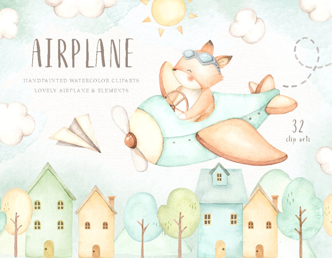 Airplane Watercolor Clip Arts, Animals Clipart, Boy Clipart, Woodland ...