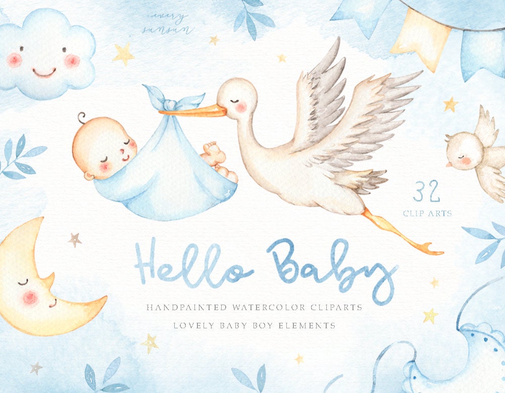Hello Baby Blue Watercolor Clip Arts Stork Carrying Baby - Etsy Australia