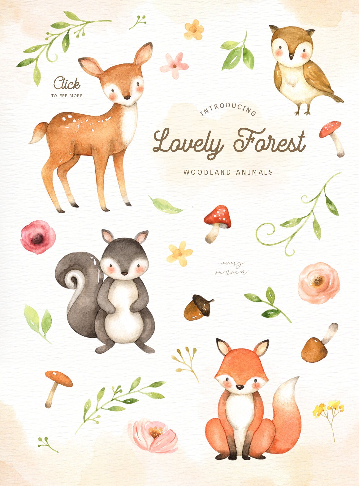 Lovely Forest Watercolor Clip Art, Woodland Animals, Kids Clipart, Boho ...