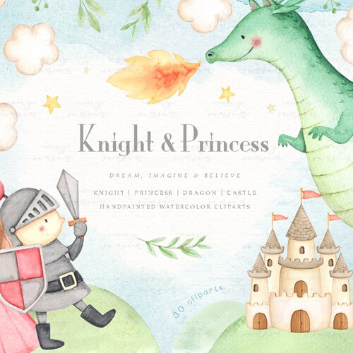 Knight & Princess Watercolor Clip Arts Dragon Castle Fairy - Etsy