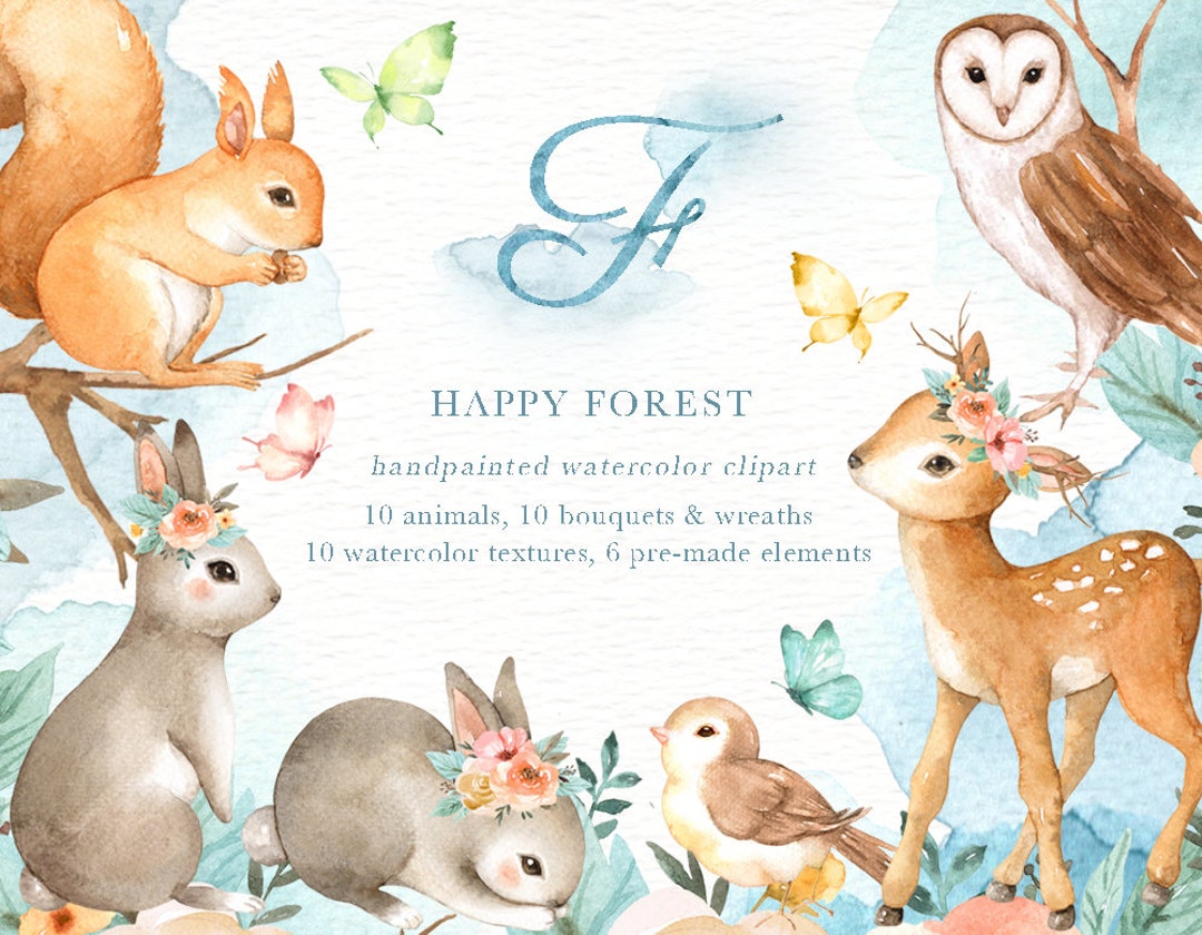 Happy Forest Watercolor Clip Art,woodland Animals, Kids Clipart,boho ...