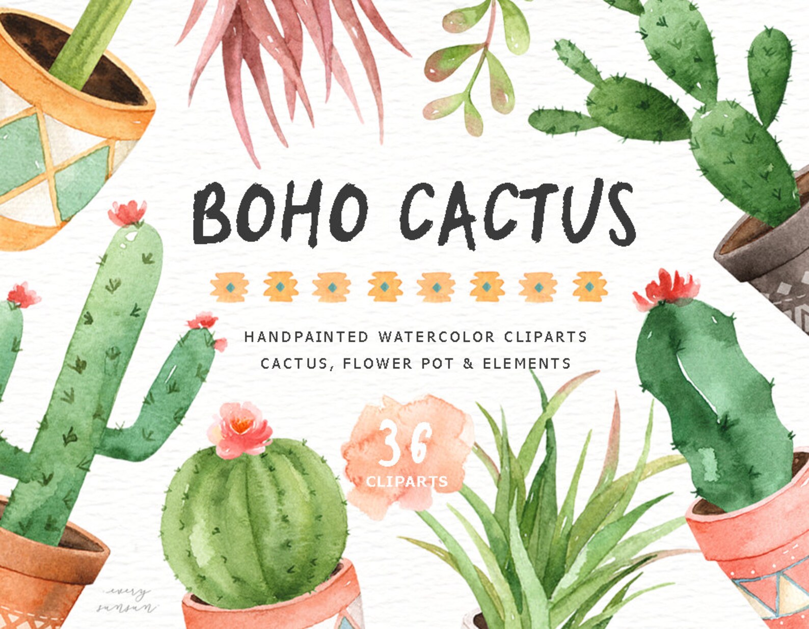 Boho Cactus Watercolor Cliparts Boho Clipart Botanical | Etsy