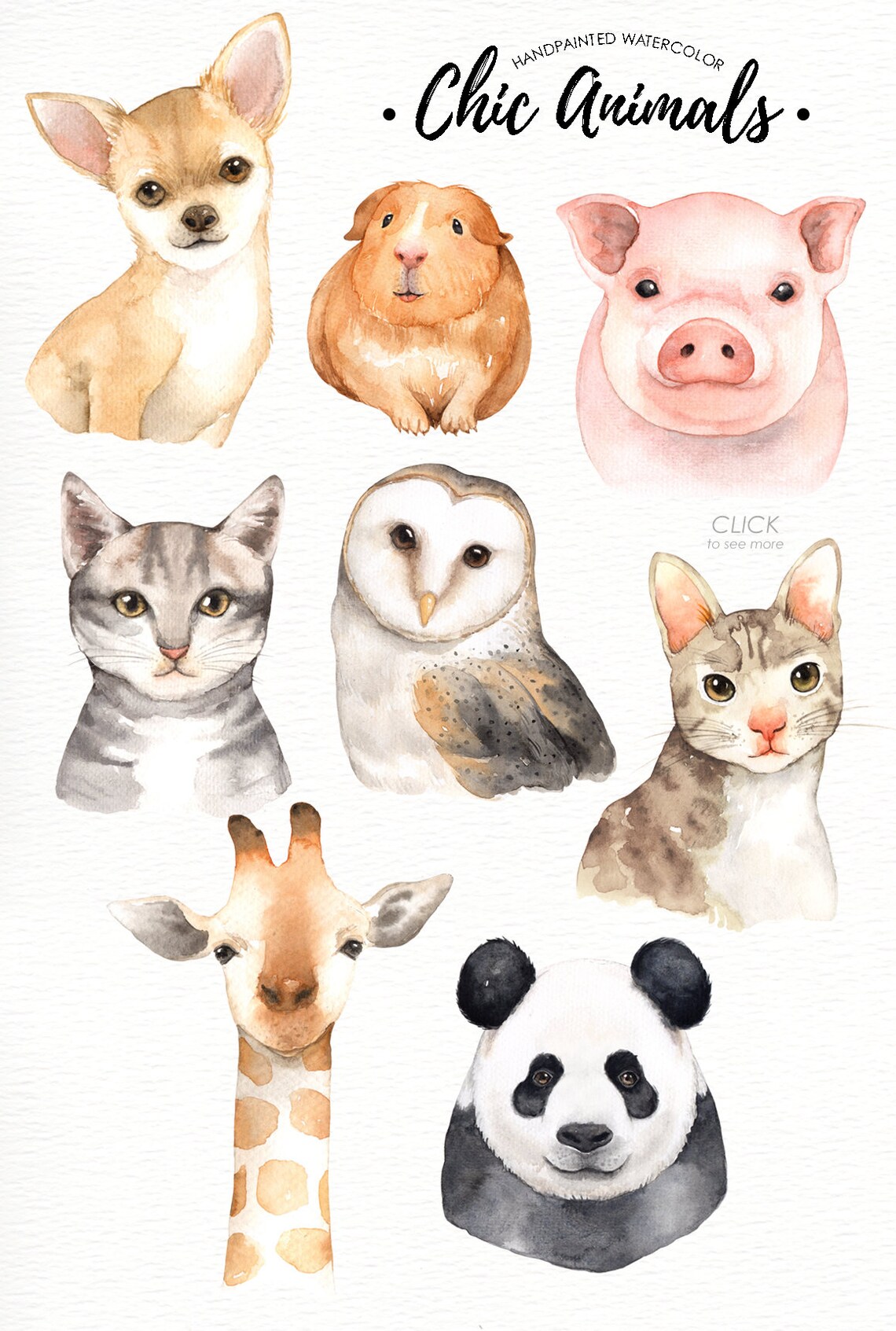 Chic Animals Watercolor Clip Art Woodland Animals Kids - Etsy