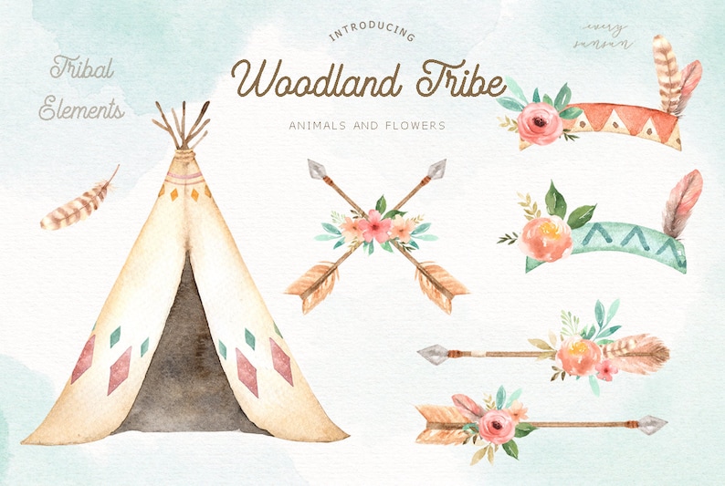Woodland Tribe Watercolor Clip Art Woodland Animals Kids | Etsy