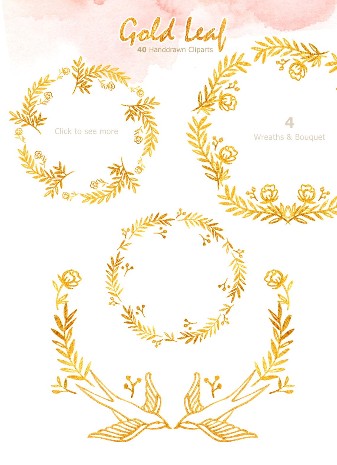 Gold Leaf Watercolor Clipart,watercolor Flower,peony,acrylic Flower ...