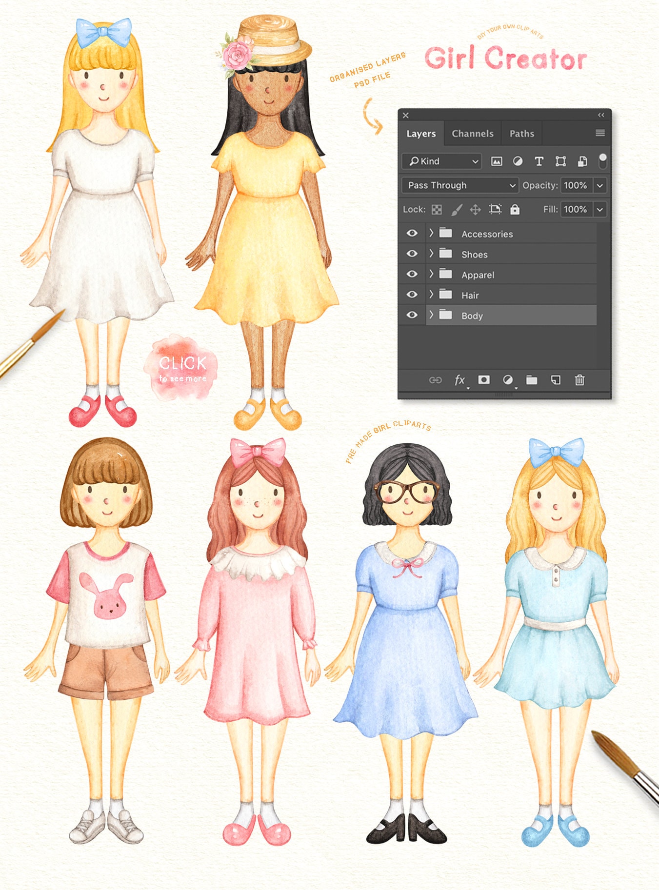 Girl Creator Watercolor Clip Arts, Girl Clipart, Kids Clipart, Nursery ...