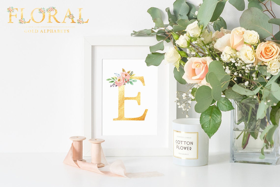 Floral Gold Alphabet Watercolor Clipart Romantic Wedding - Etsy