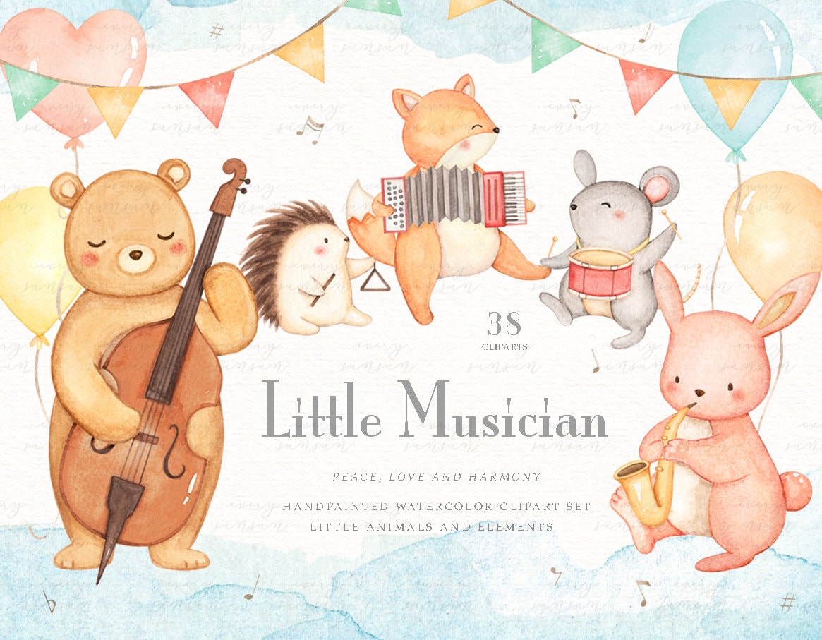 Little Musician Watercolor Clip Arts Woodland Animals Kids | Etsy