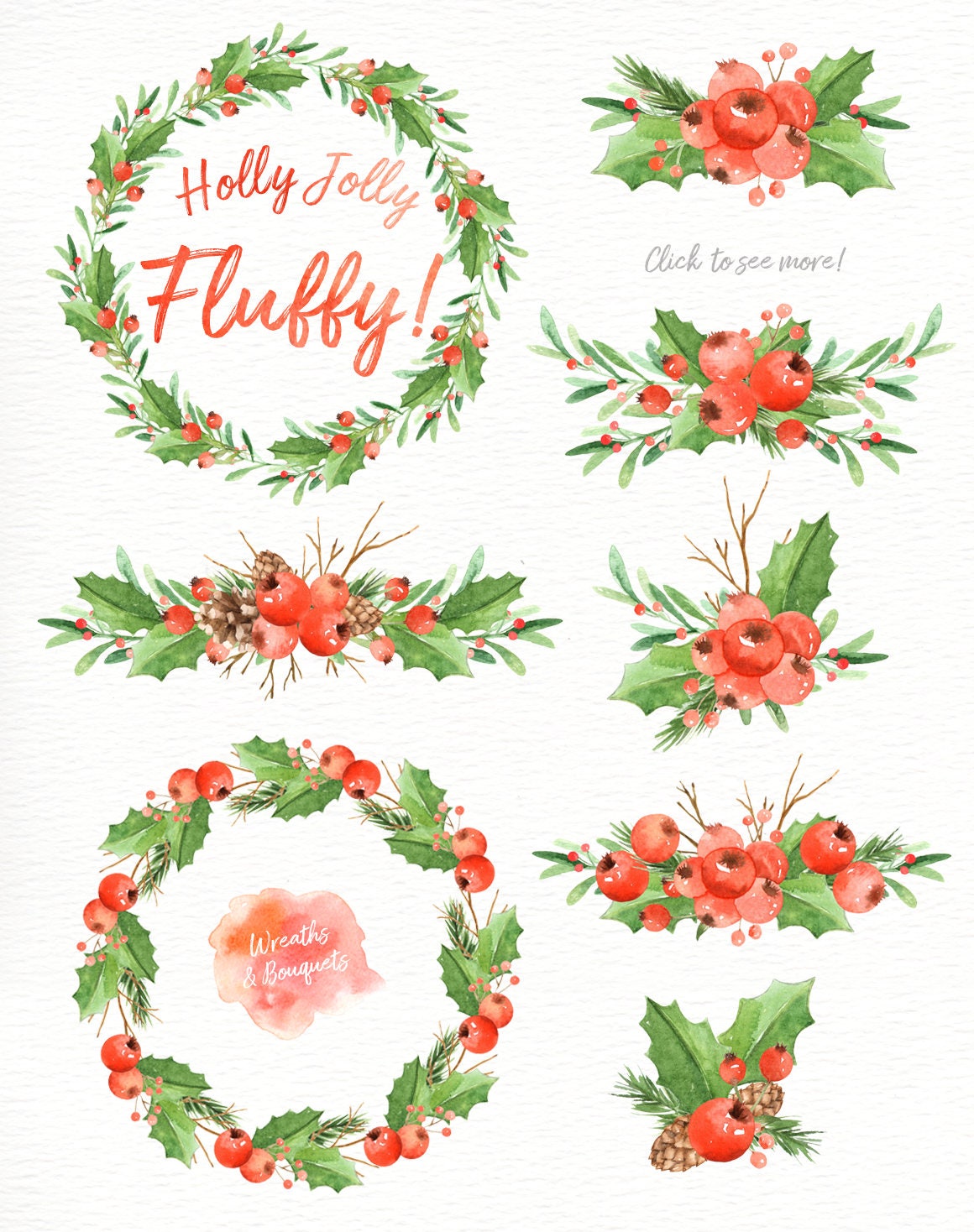 Holly Jolly Fluffy Watercolor Christmas Clipart Holiday - Etsy