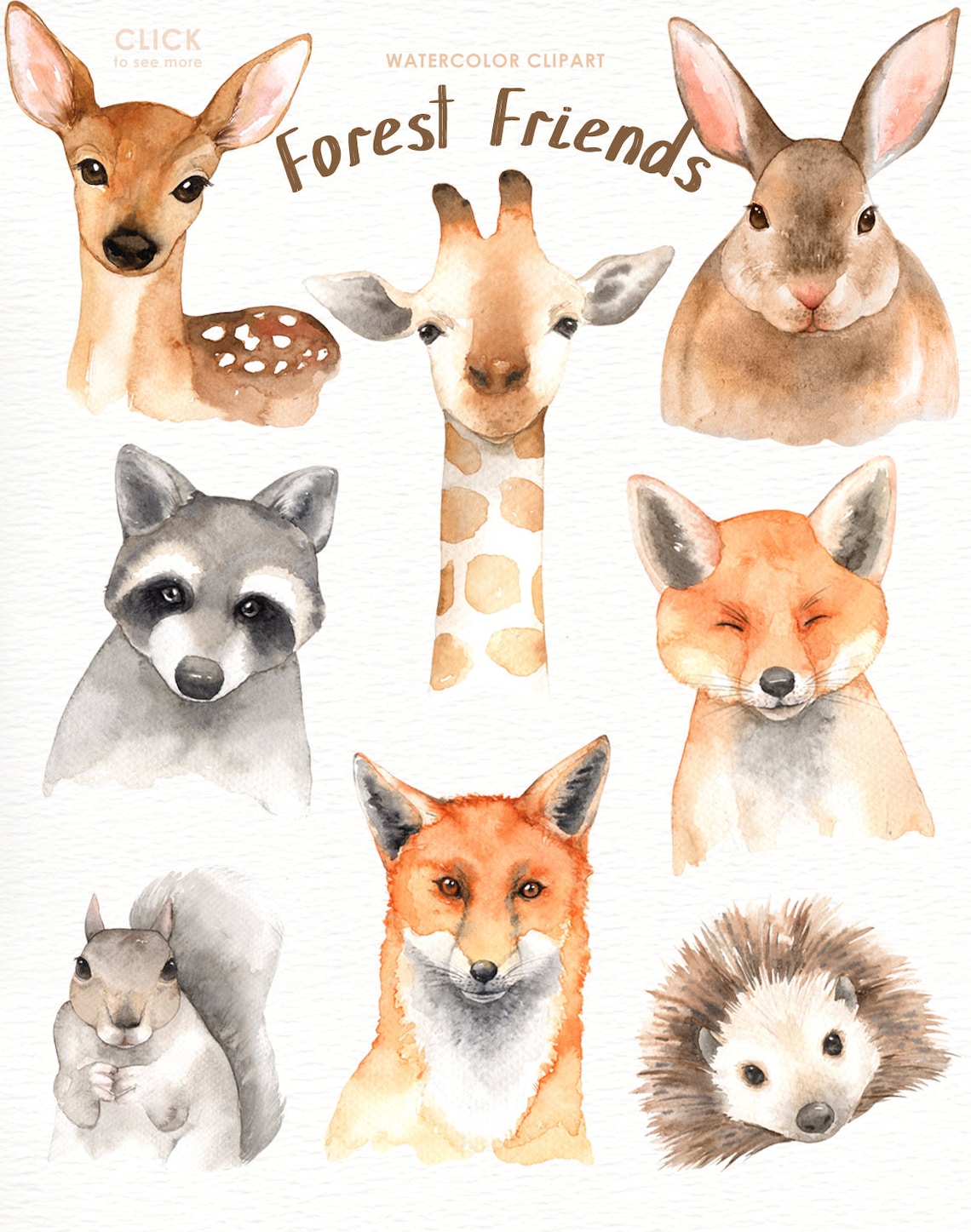 Forest Friends Watercolor Clip Art,woodland Animals, Kids Clipart,boho ...
