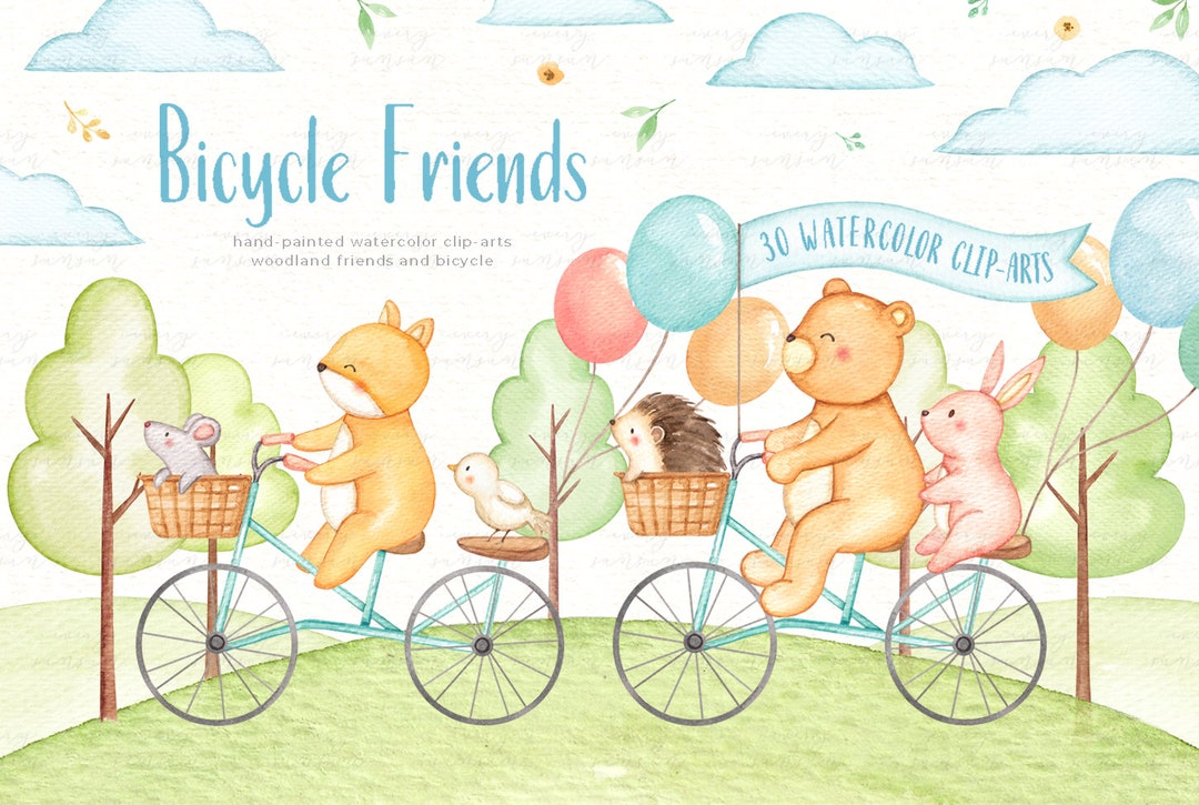 Bicycle Friends Watercolor Clip Arts, Cute Animals, Woodland Animals ...