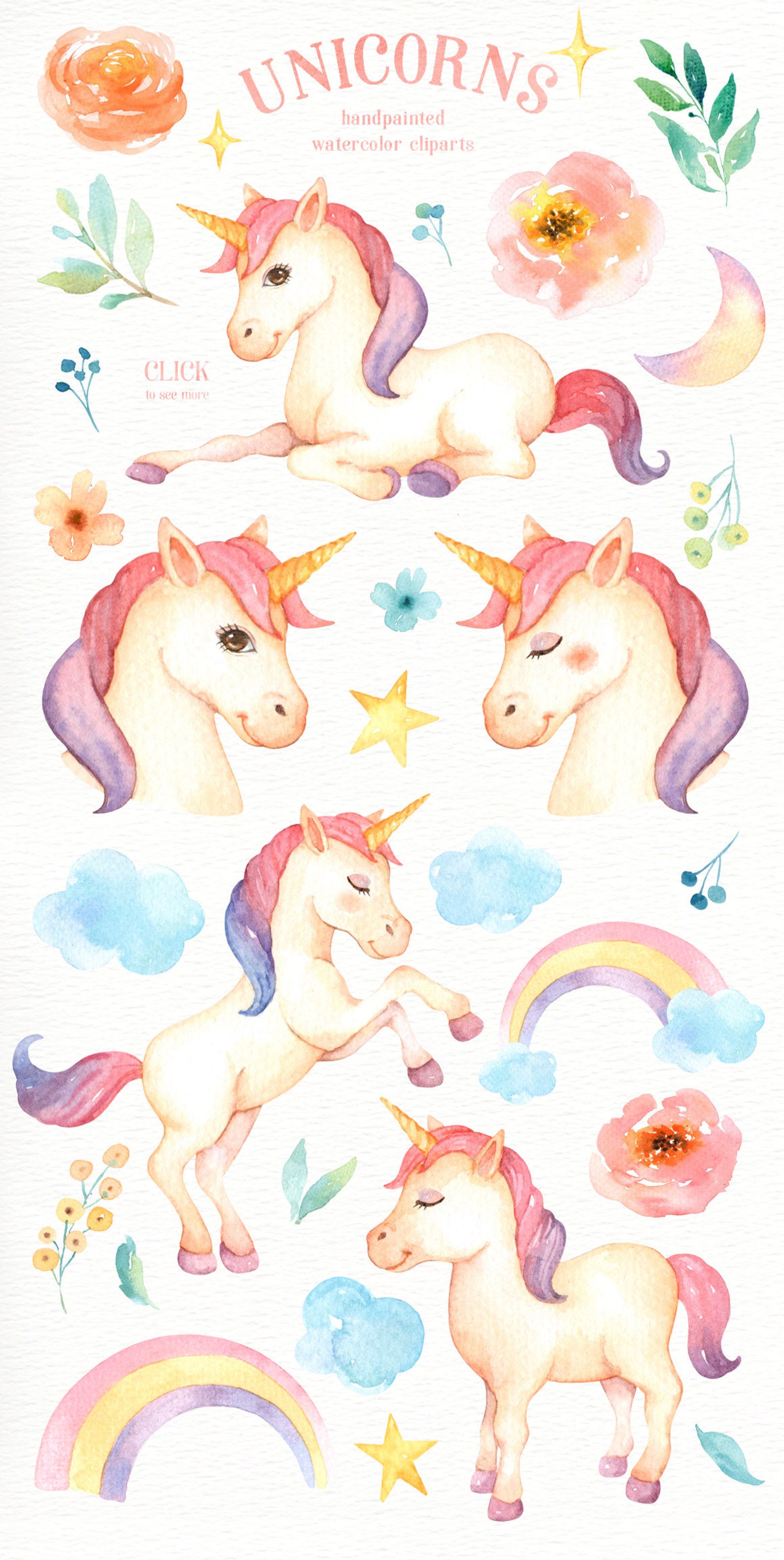 Unicorns Watercolor Clip Art Rainbow Clipart Woodland | Etsy