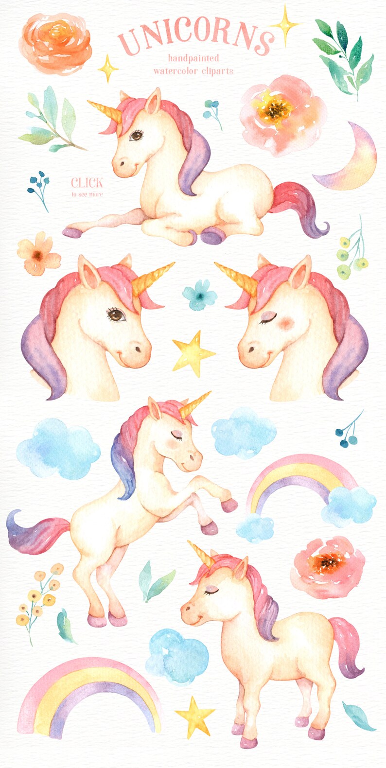 Unicorns Watercolor Clip Art, Rainbow Clipart, Woodland Animals, Kids ...