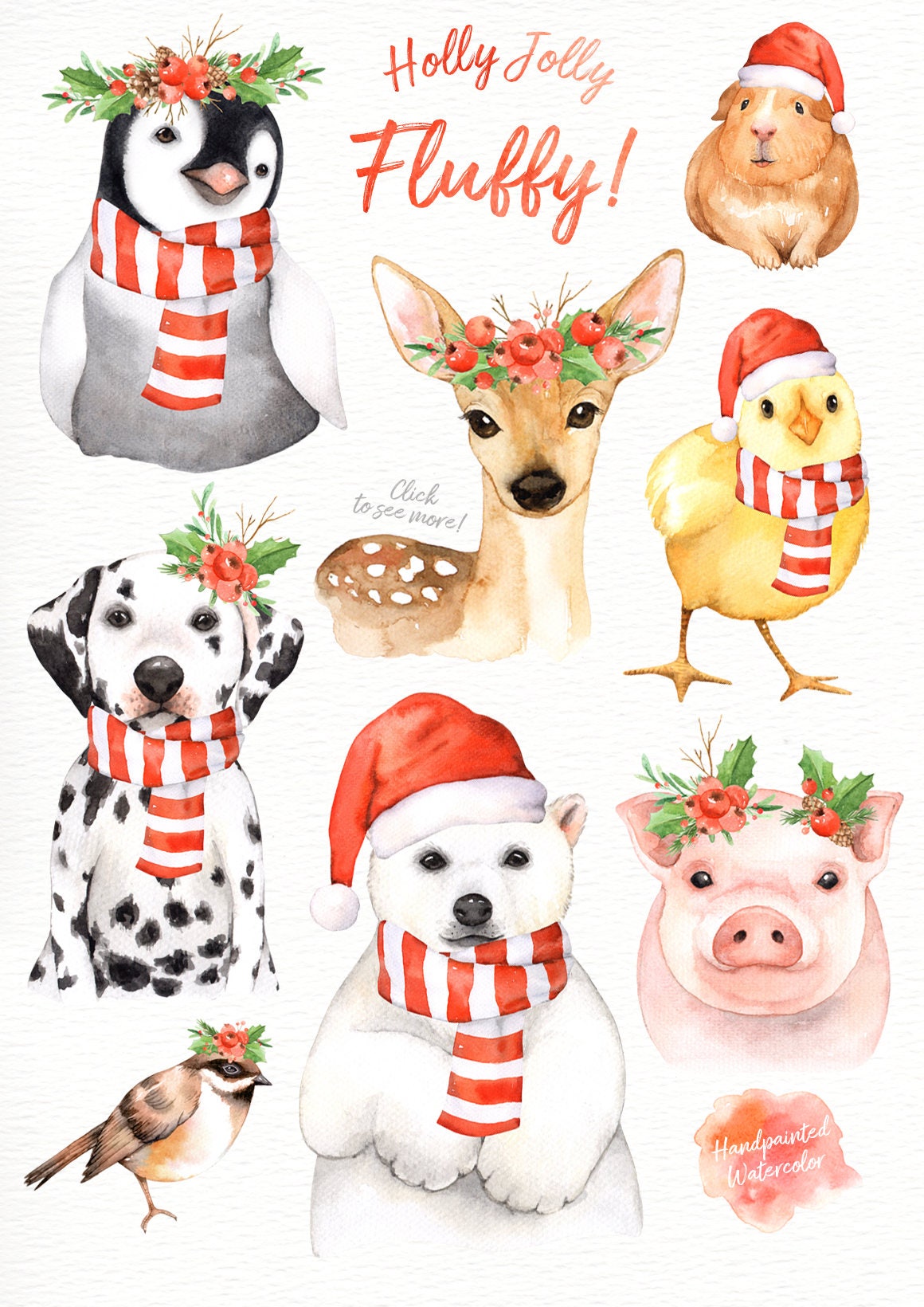 Holly Jolly Fluffy Watercolor Christmas Clipart Holiday - Etsy