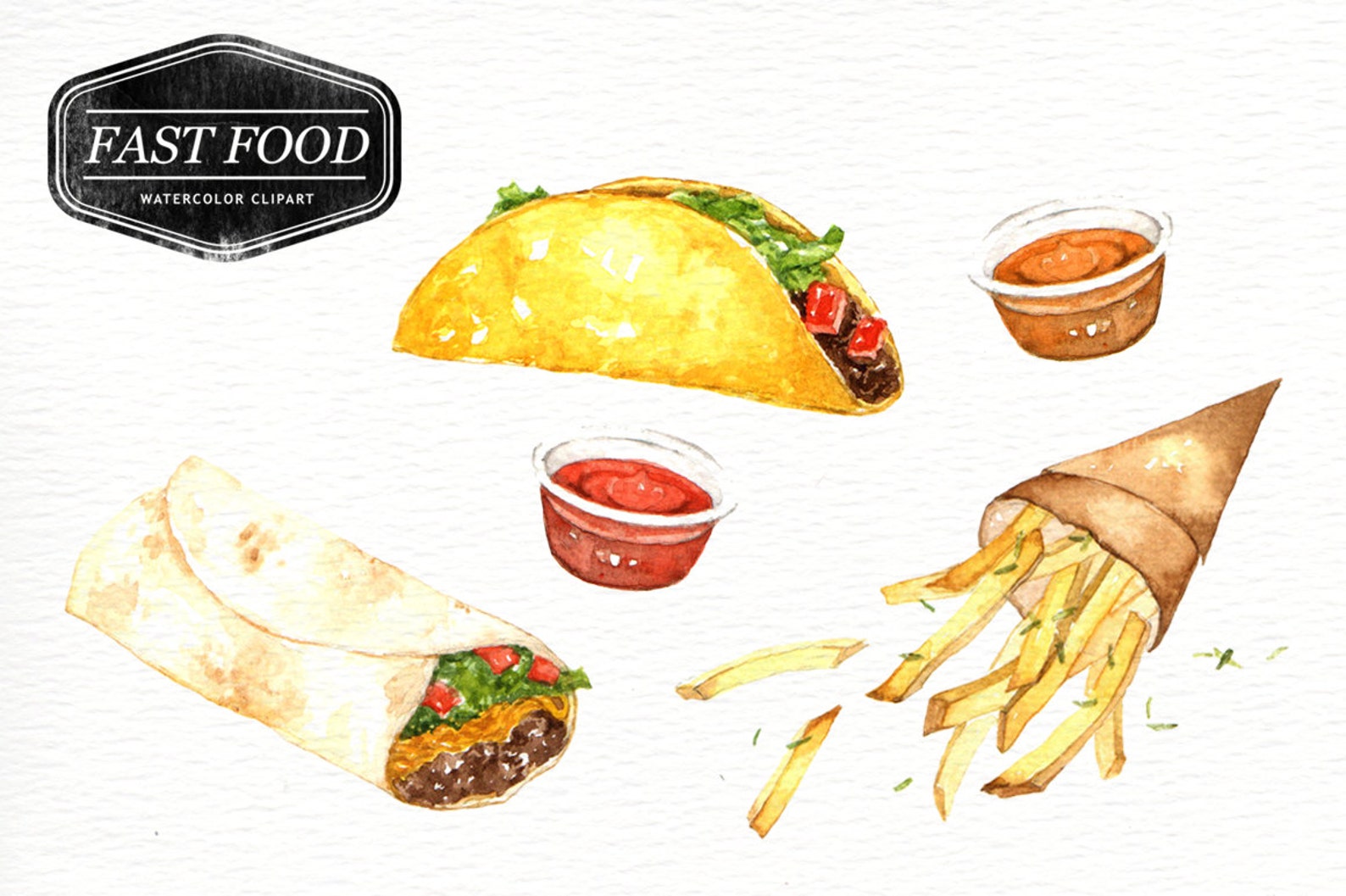 Fastfood Watercolor Clipart Watercolor Menu Junk Food - Etsy