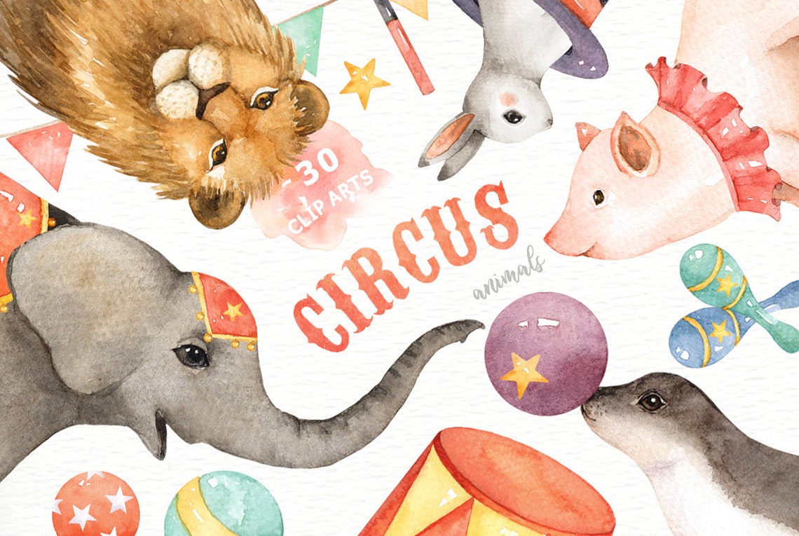 Circus Animals Watercolor Clipart Nursery Prints Animals - Etsy
