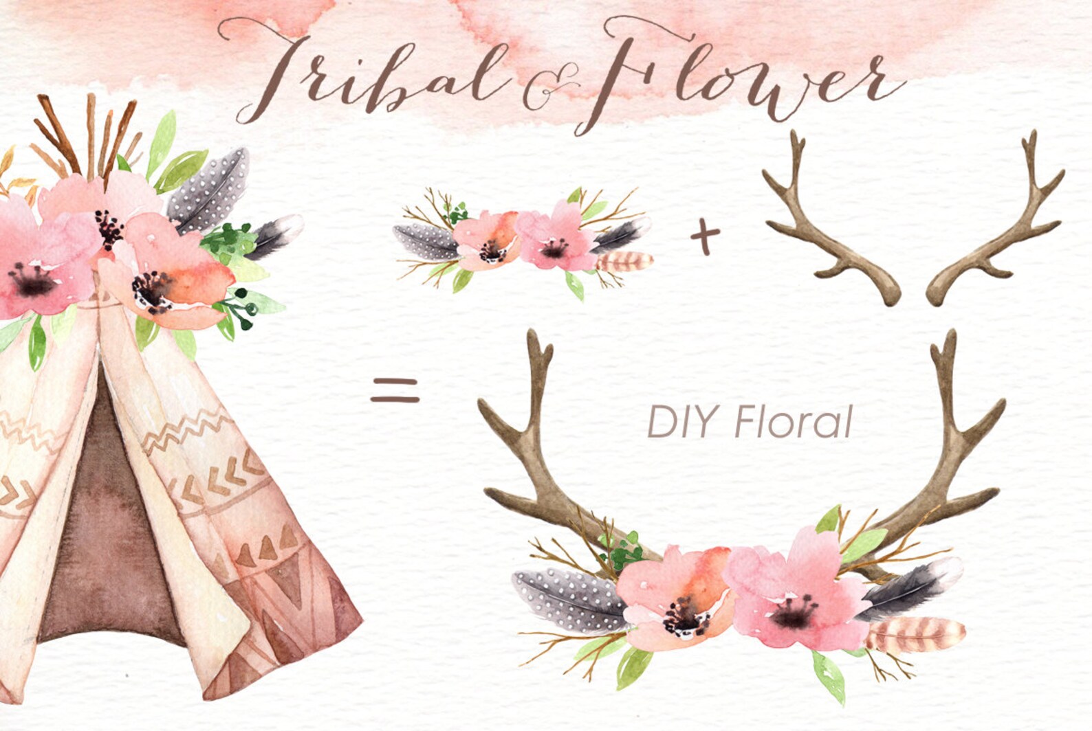Tribal & Flower Watercolor clipart Boho Clipart Flowers | Etsy