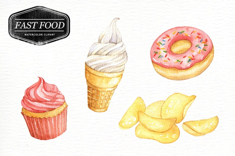 Fastfood Watercolor Clipart Watercolor Menu Junk Food - Etsy