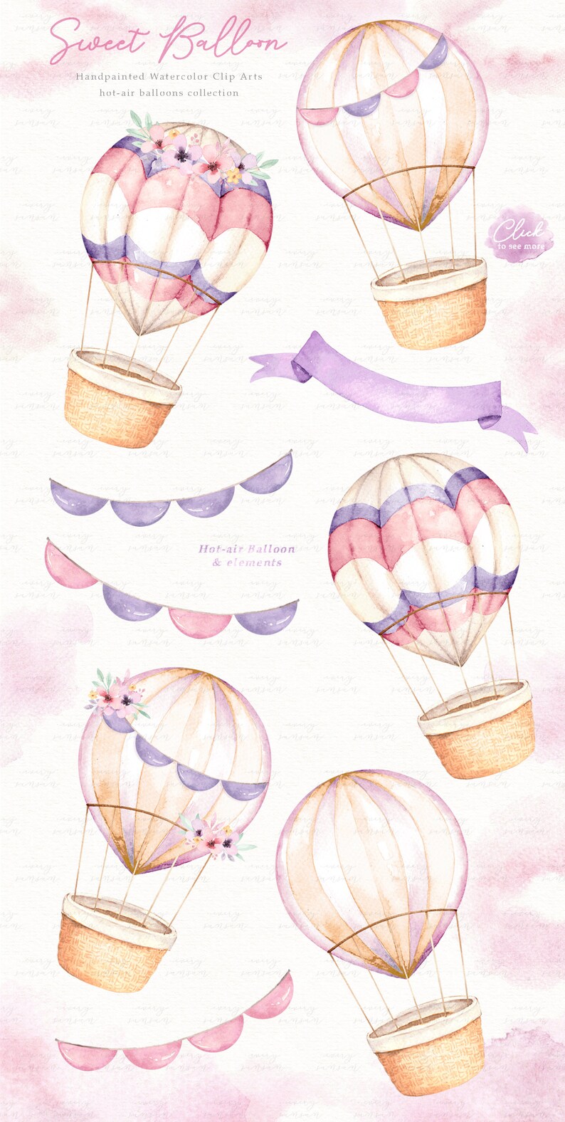 Sweet Balloon Watercolor Clip Arts, Hot-air Balloon, Girl Clipart, Kids ...
