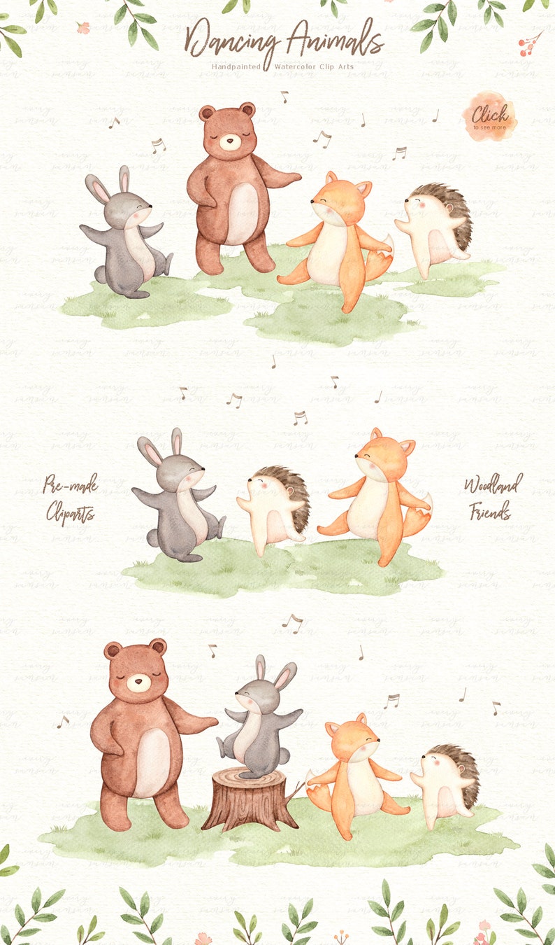 Dancing Animals Watercolor Clip Arts Woodland Animals Kids | Etsy