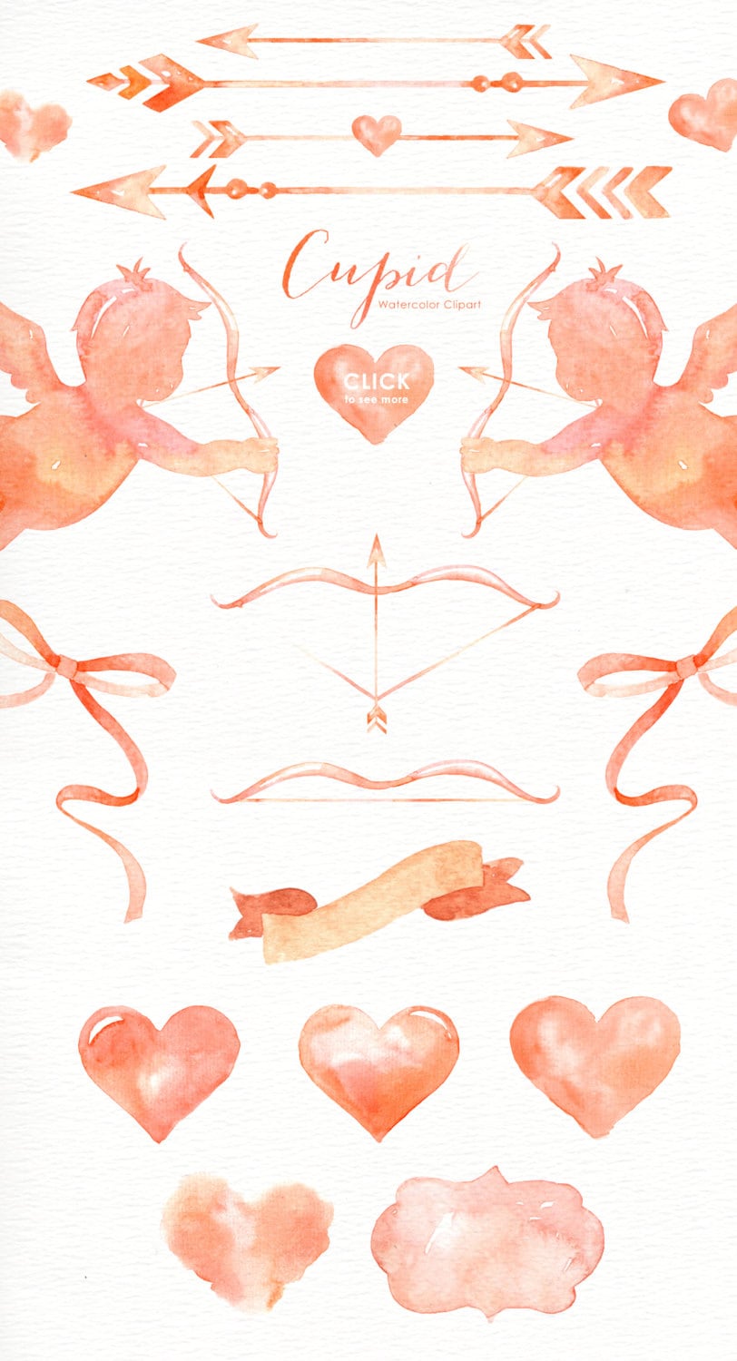 Cupid Valentine's Watercolor Clipart, Hearts Clipart, Valentines ...