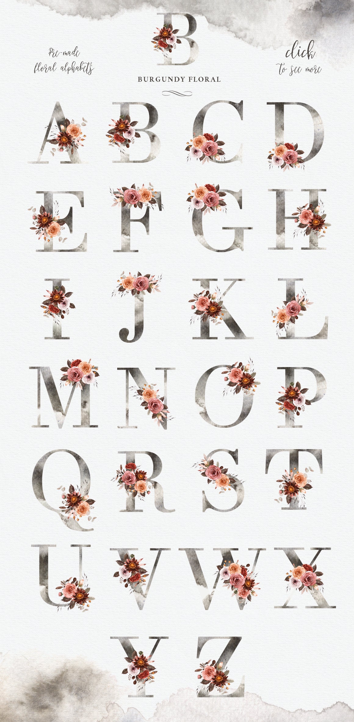 Burgundy Floral Alphabet Watercolor Clipart, Romantic Wedding, Rustic ...