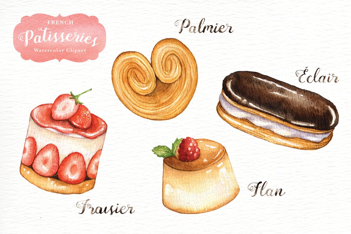French Patisseries Watercolor Clipart Watercolor Menu Sweet - Etsy