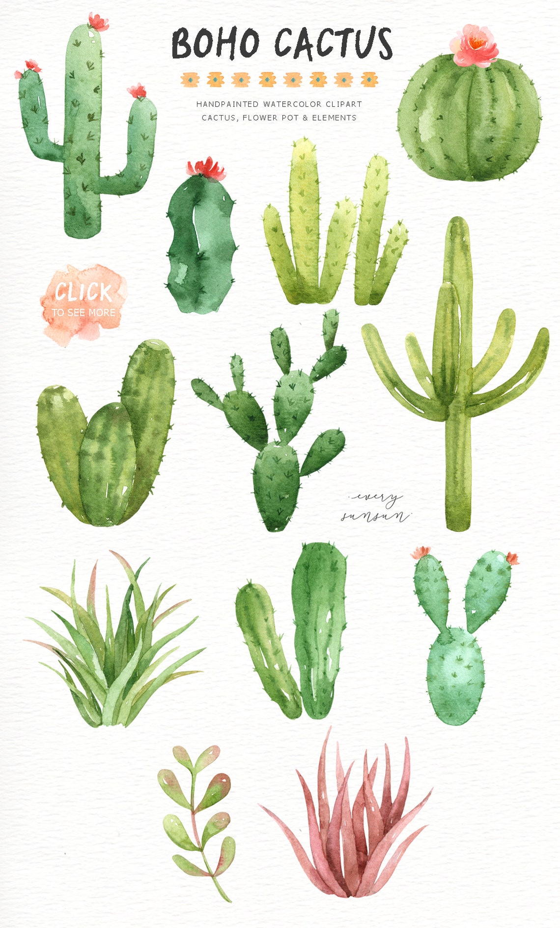Boho Cactus Watercolor Cliparts Boho Clipart Botanical | Etsy